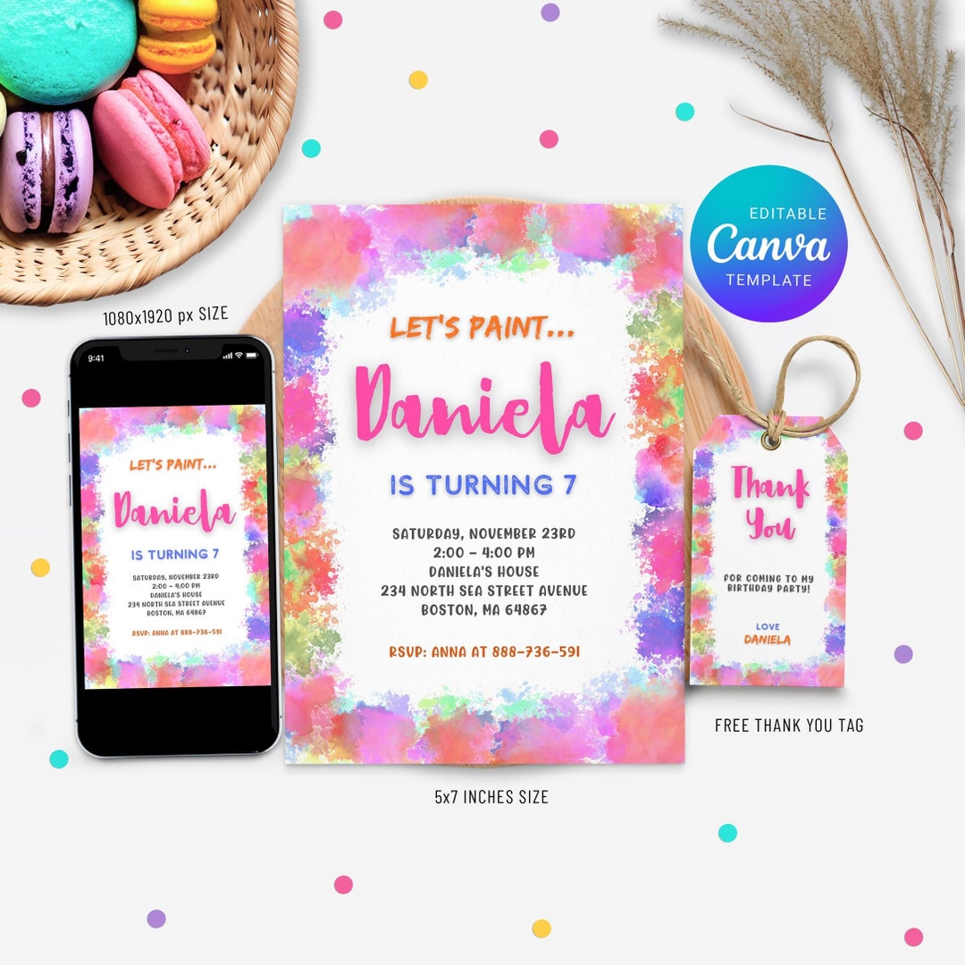 Editable Paint Splatter Birthday Invitation Template Canva Colorful ...