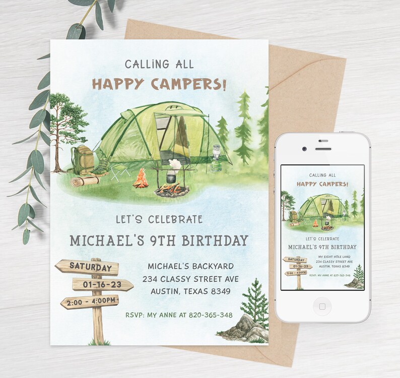 Camping Birthday Invitation Template: Adventure Forest Design (digital ...