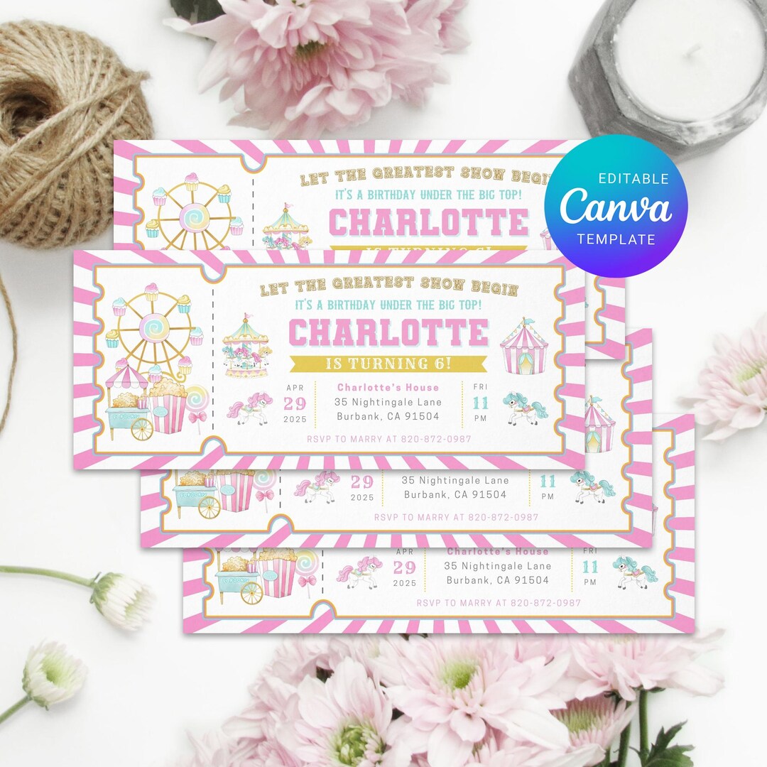 Circus Ticket Birthday Invitation Template Carnival Birthday Invite ...