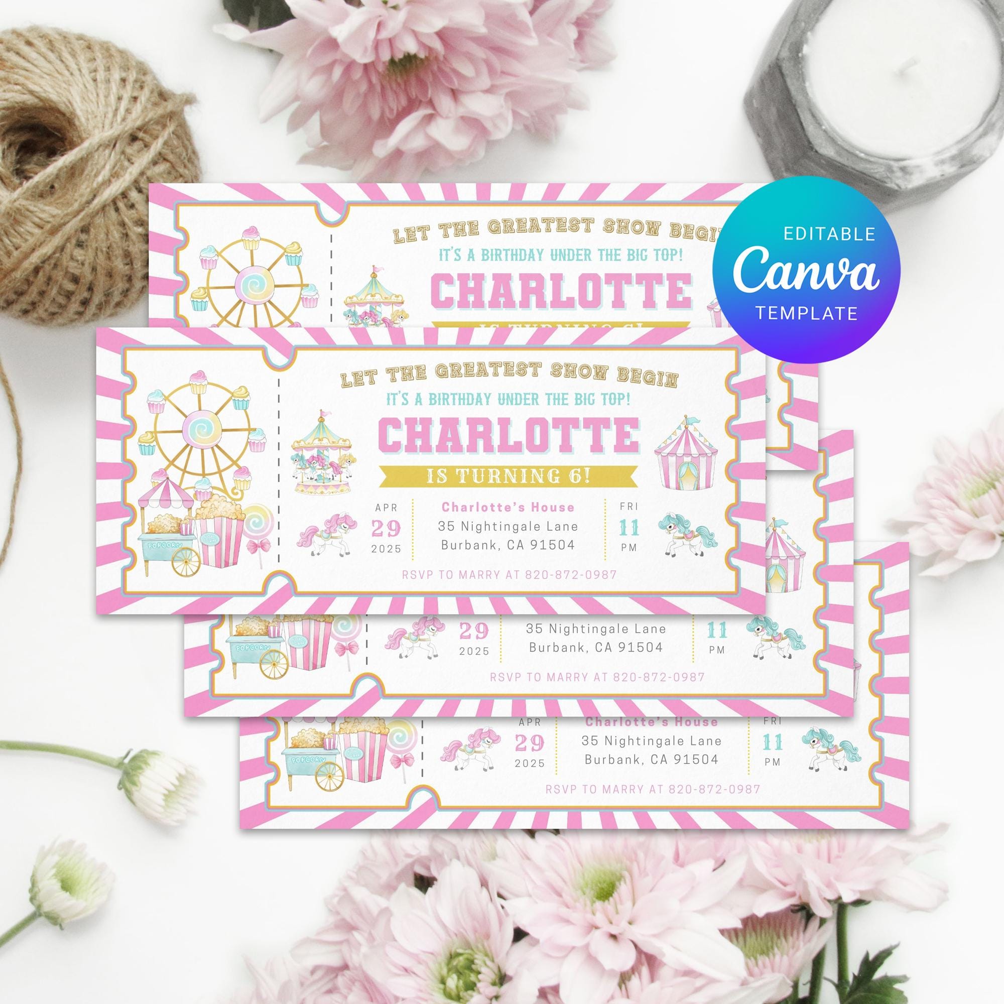 Editable Pink Circus Ticket Party Invitation Template | Carnival ...