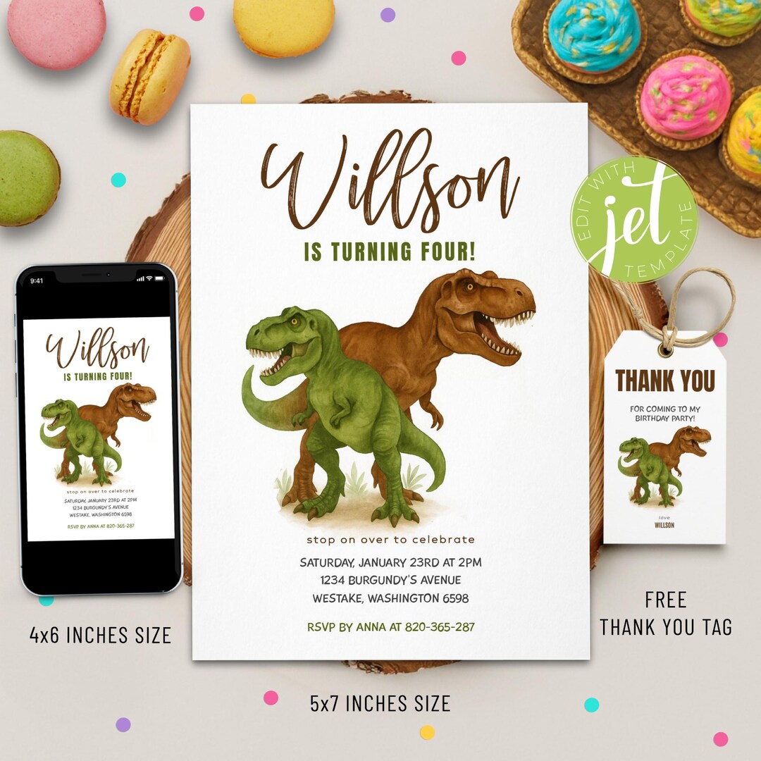 Editable Dinosaur Birthday Invitation Prehistoric Invite Three Rex ...