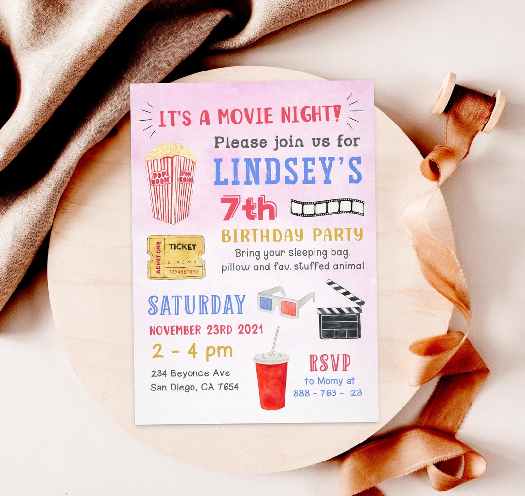 Editable Movie Night Birthday Invitation Template, Customizable Cinema ...