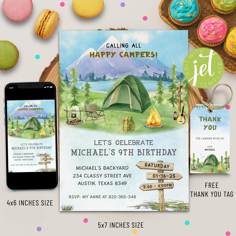 Editable Camping Party Invitation Template | Campfire Outdoor Adventure ...