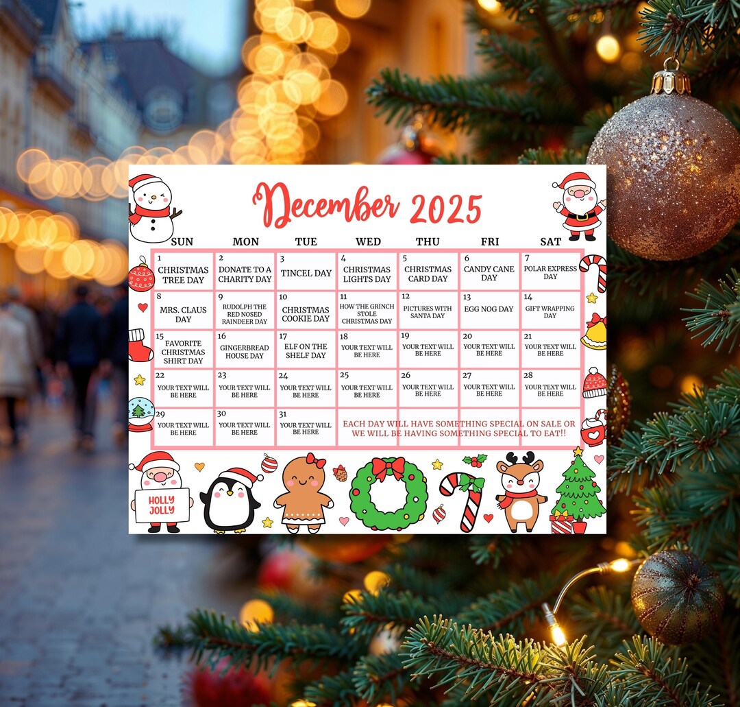 Editable Christmas Calendar, December 2025, Holiday Planner (digital ...