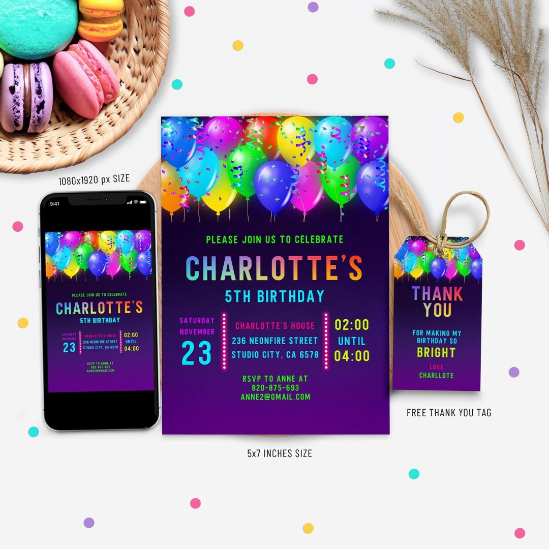 Editable Neon Balloon Birthday Invitation Template Colorful Balloon ...