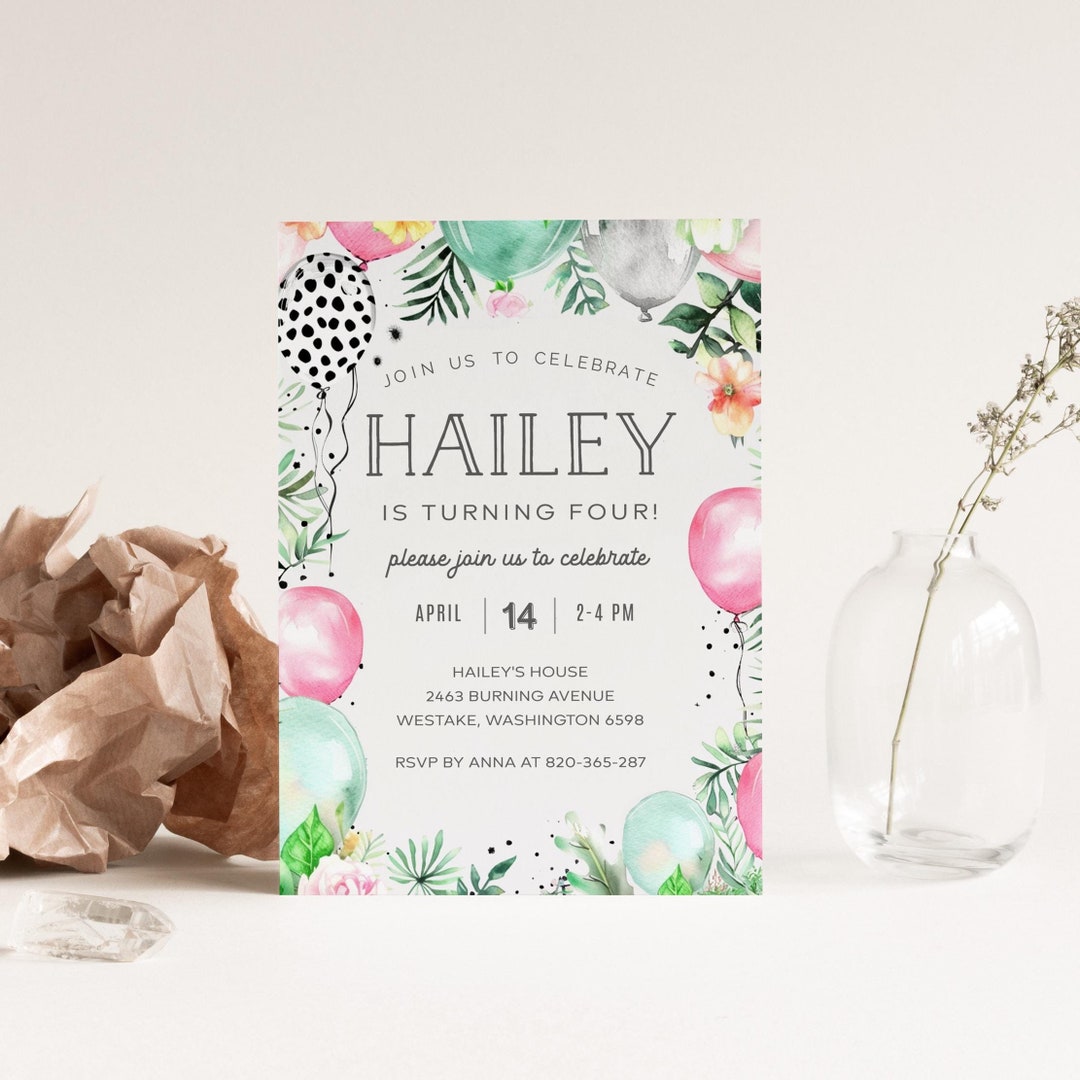 Floral Birthday Invitation Template Flower Balloon Party Invite Jungle ...