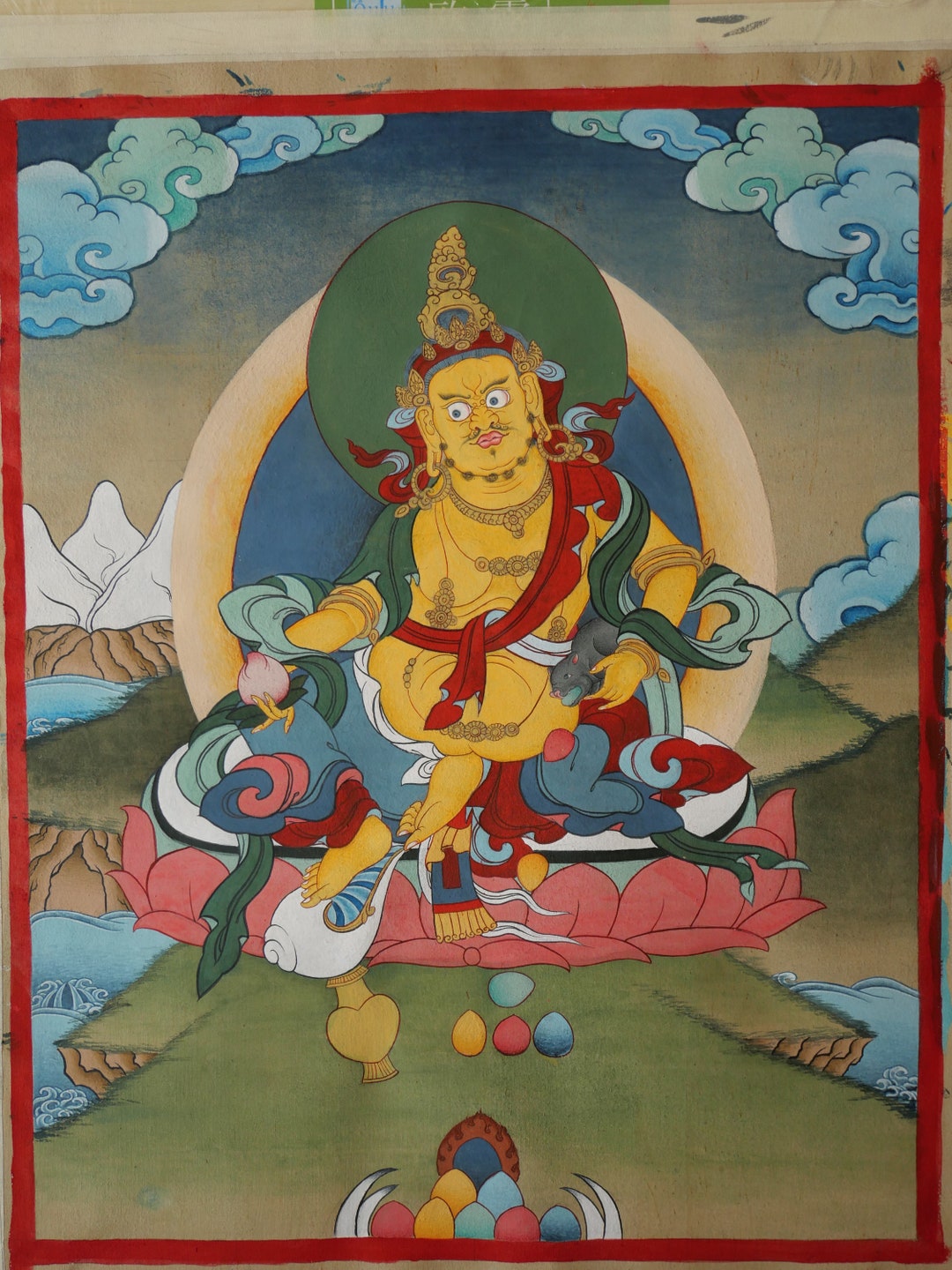 Original Hand Painted Yellow Jambhala Tibetan Thangka With Natural ...