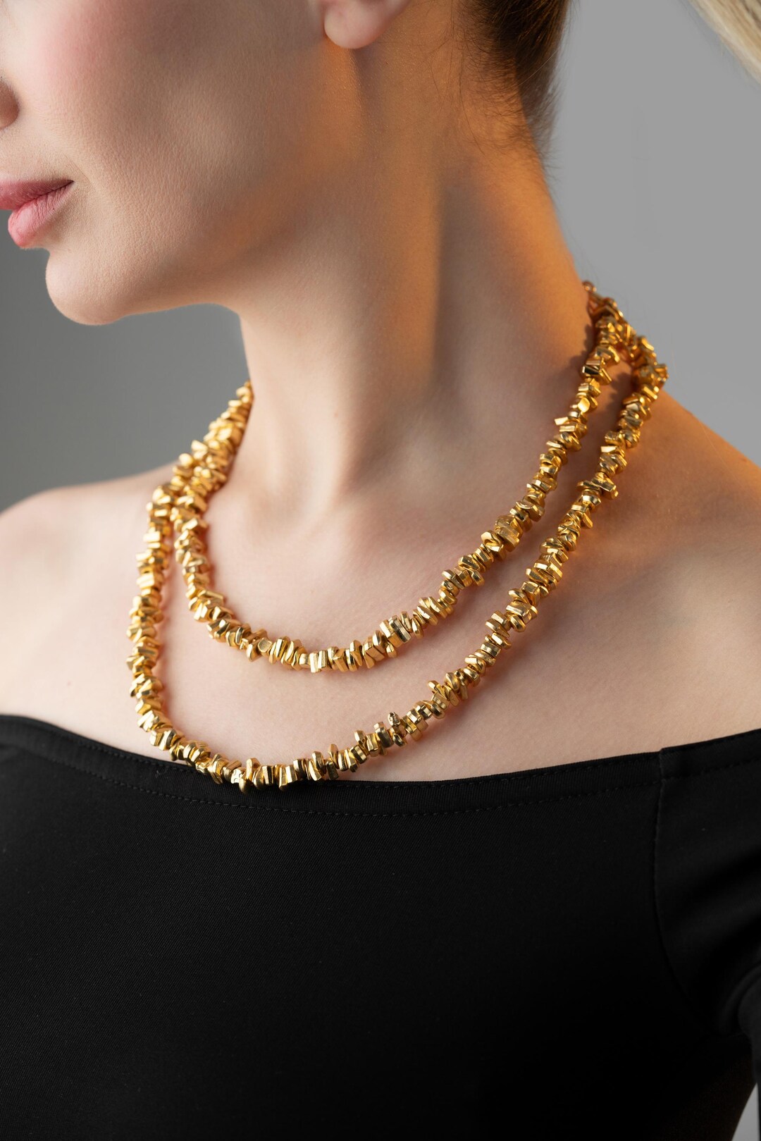 Gold Nugget Beaded Necklace – Long Layered Boho Jewelry, Chunky Gold ...