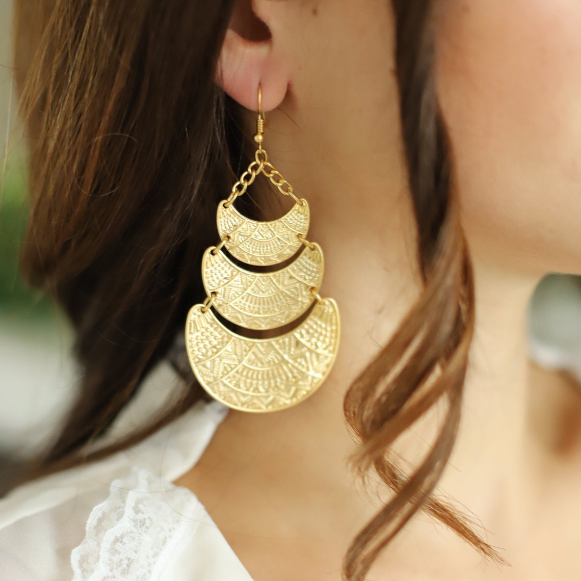 Gold Three Layered Pattern Drop Dangle Brass Earrings Zeydor | Etsy