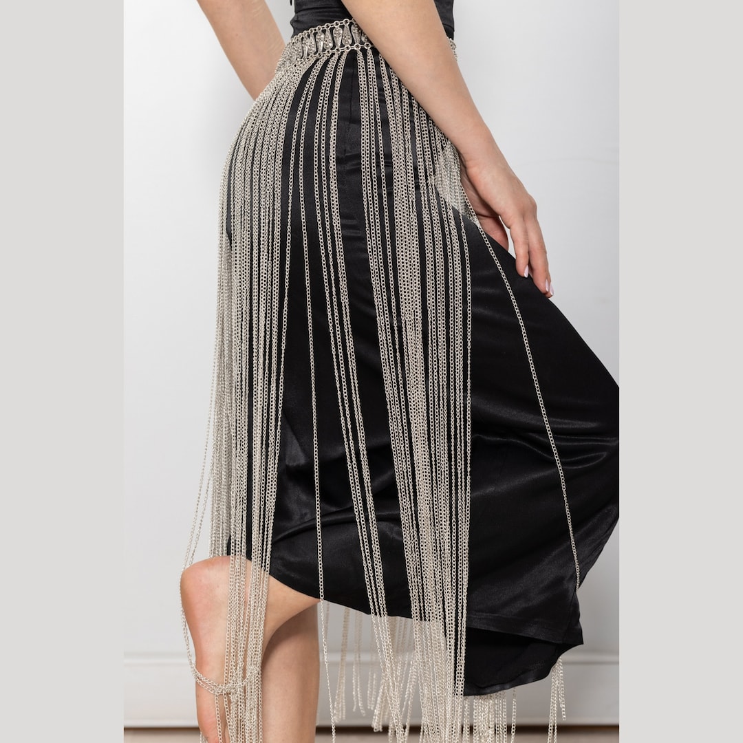 Silver Chain Fringe Belt Skirt | Handmade Festival Skirt | Belly Dance ...