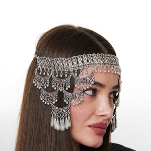 Boho Silver Headpiece: Elegant Dangling Design With Red Gems | Bridal ...