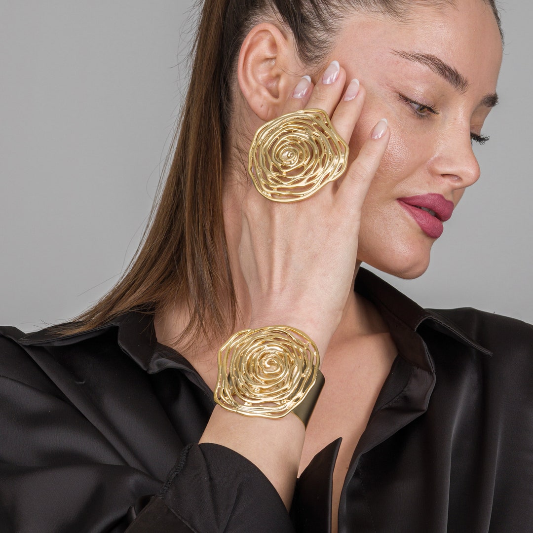 Gold Wire Cuff Bracelet & Ring Set, Adjustable Statement Ring, Chunky ...