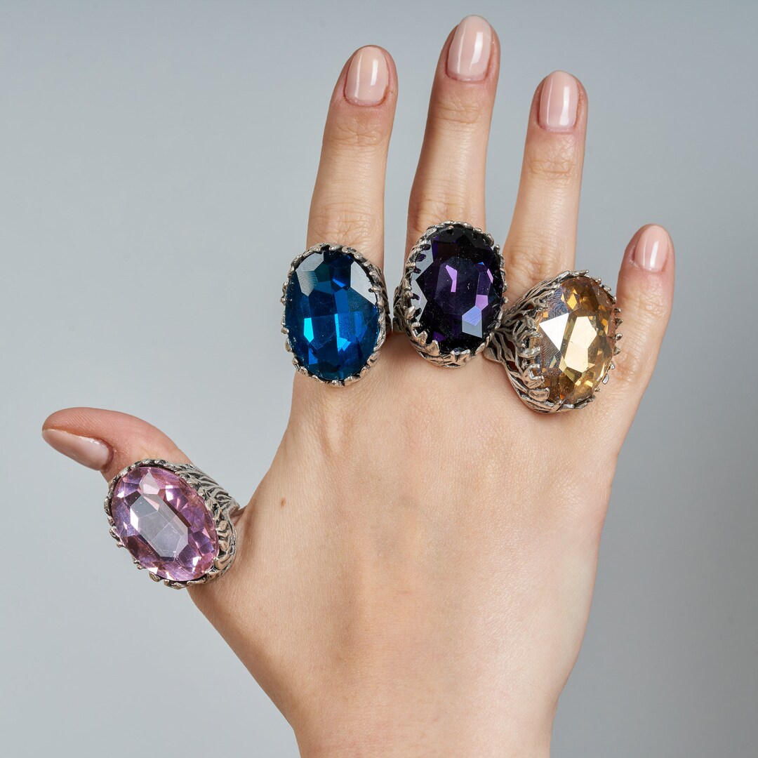 Einstellbare klobige Kristall Statement Ringe, Silber großer Rechteck ...