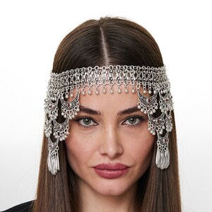 Boho Silver Headpiece: Elegant Dangling Design With Red Gems | Bridal ...