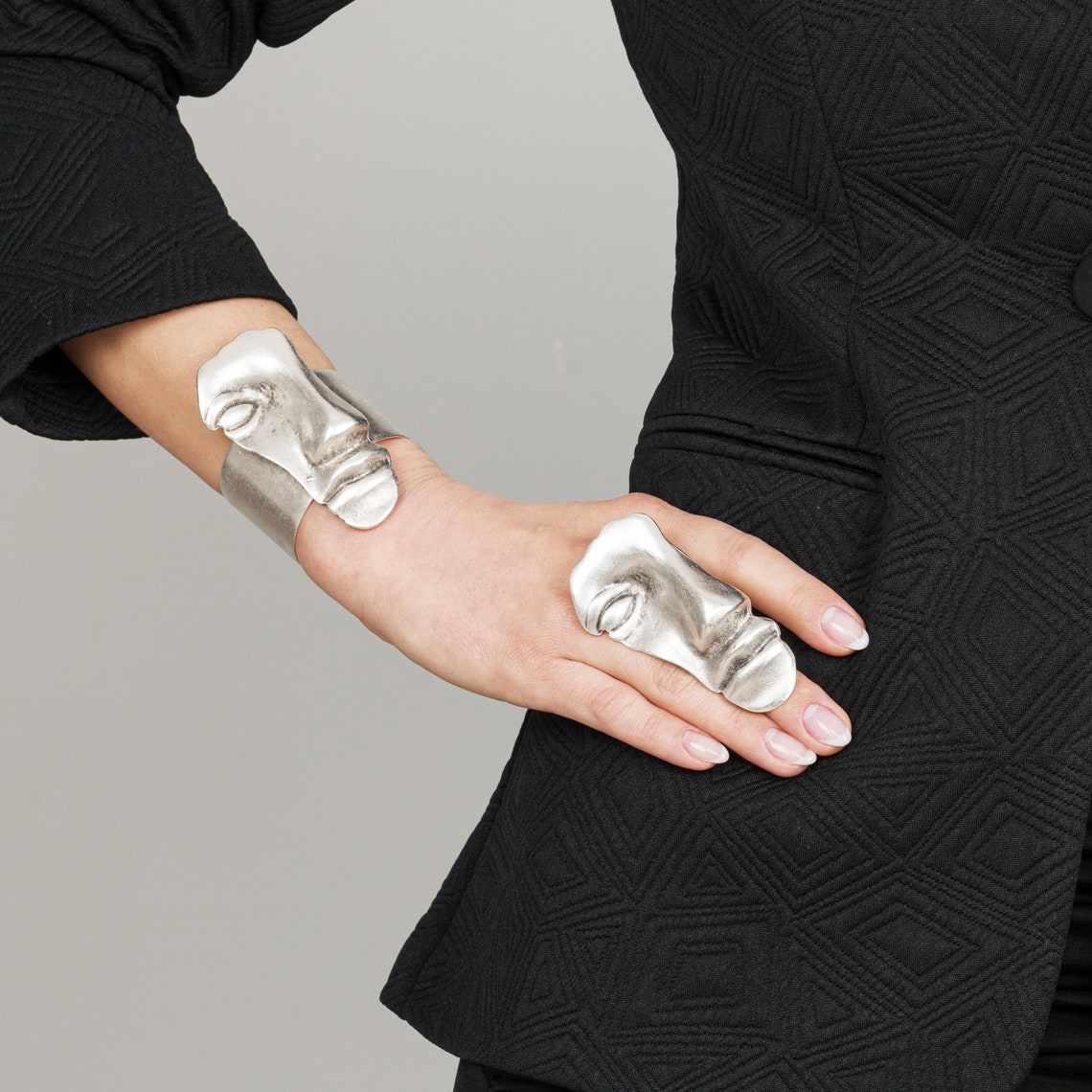 Abstract Face Cuff Bracelet & Ring Set Adjustable Statement - Etsy
