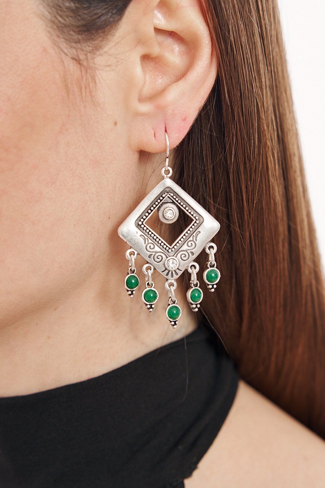 Handcrafted Silver-plated Statement Earrings With Green Beads - Etsy