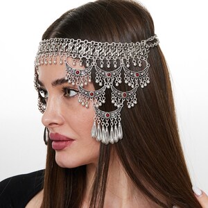 Boho Silver Headpiece: Elegant Dangling Design With Red Gems | Bridal ...