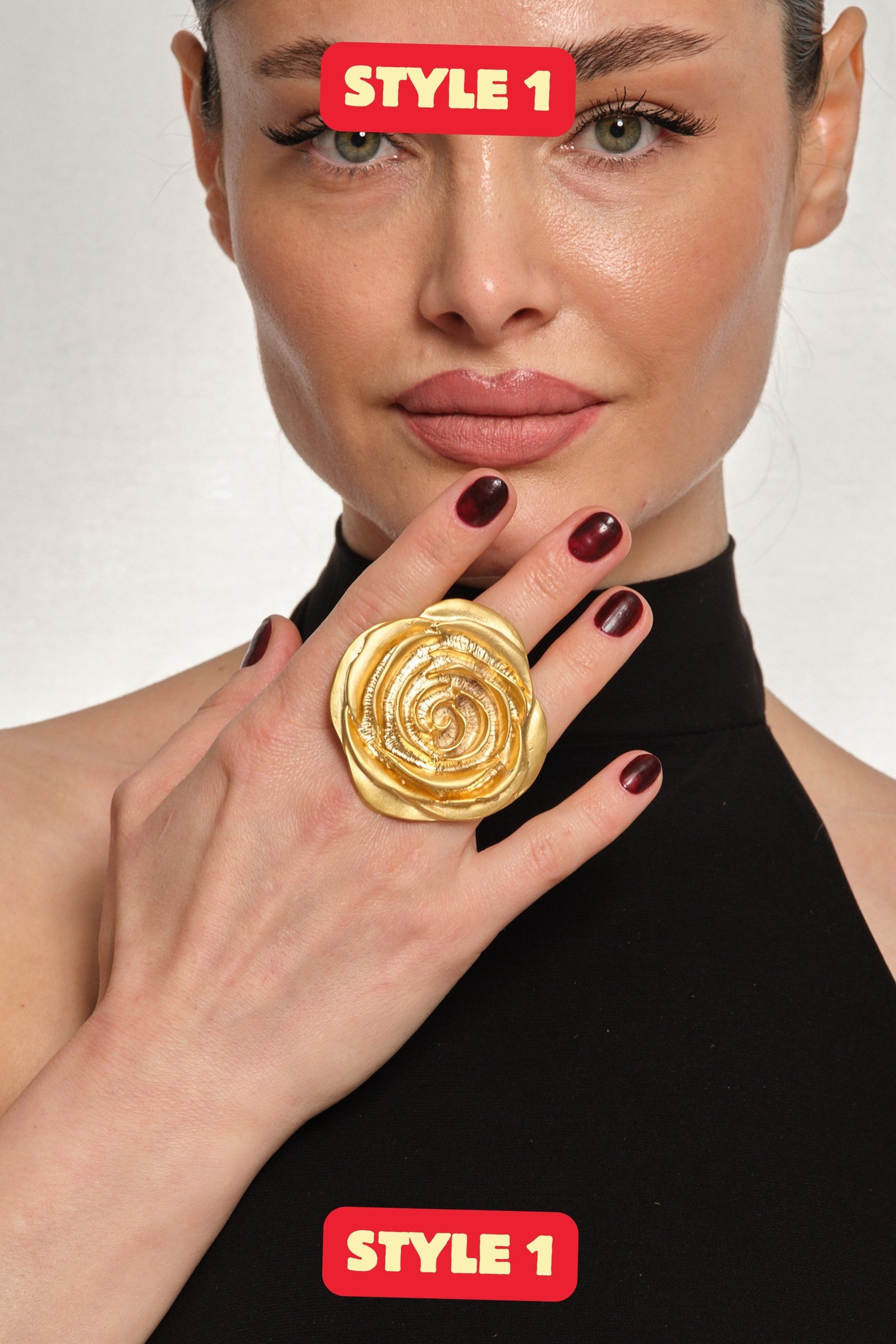 Gold Statement Ring Set - Rose & Textured Chunky Rings - Adjustable ...