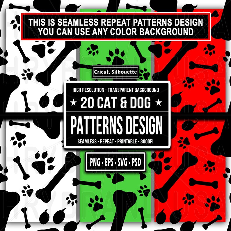 Seamless Dog Cat Pattern Design Artwork Prints Set of 20 Png Svg Psd ...