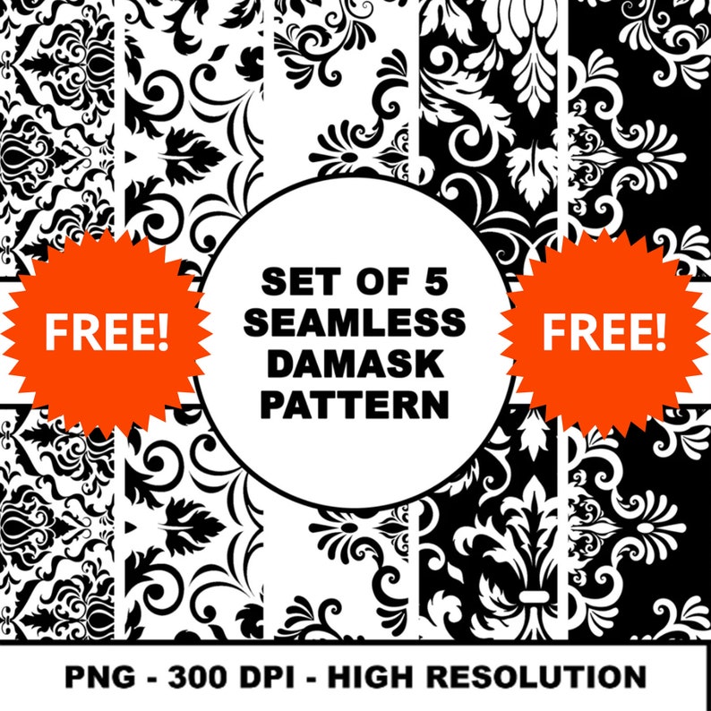 Seamless Damask PNG Pattern Design Artwork Prints Set of 5 - Etsy