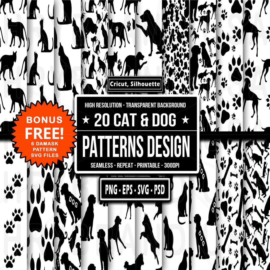 Seamless Dog Cat Pattern Design Artwork Prints Set of 20 Png Svg Psd ...