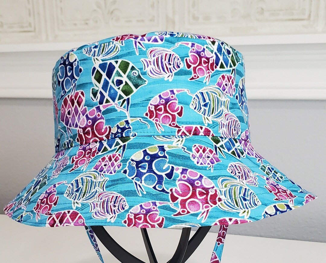 Batik Fish Print Sun Hat: Reversible Wide Brim Cotton Beach Hat - Etsy