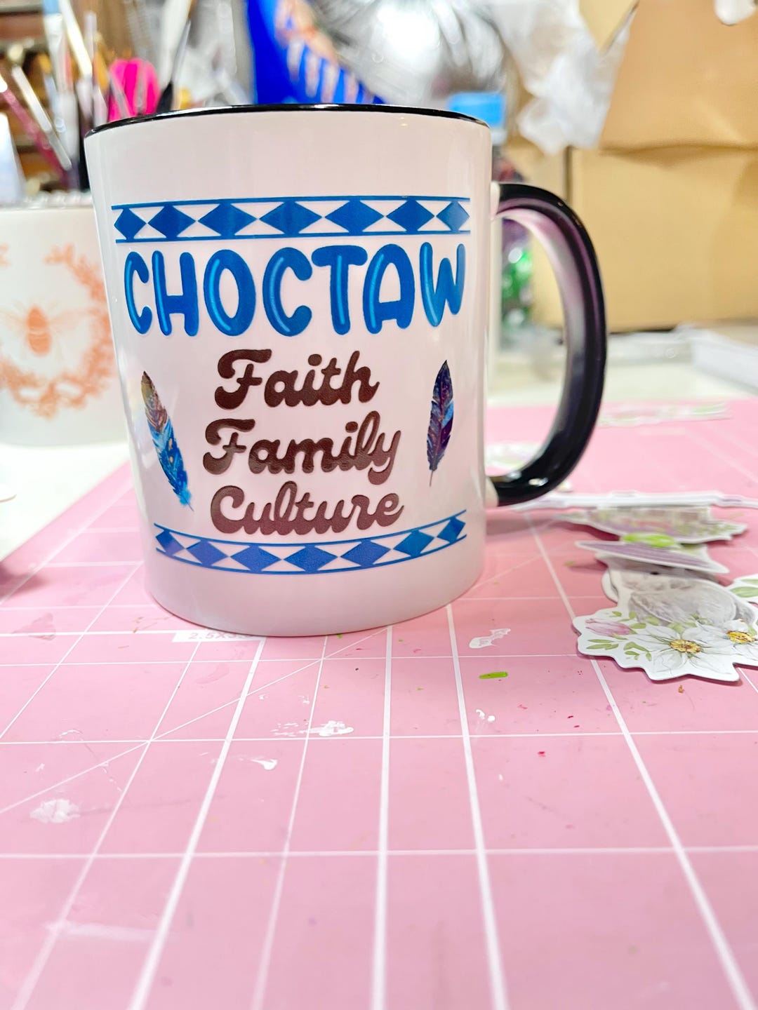 Choctaw Faith Family Culture Mug With Feathers, Teal Choctaw Coffee Cup ...