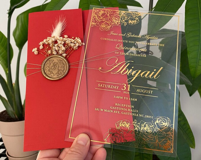 Quinceanera Invitations, Red Invitations, Sweet Sixteen Acrylic Cards ...