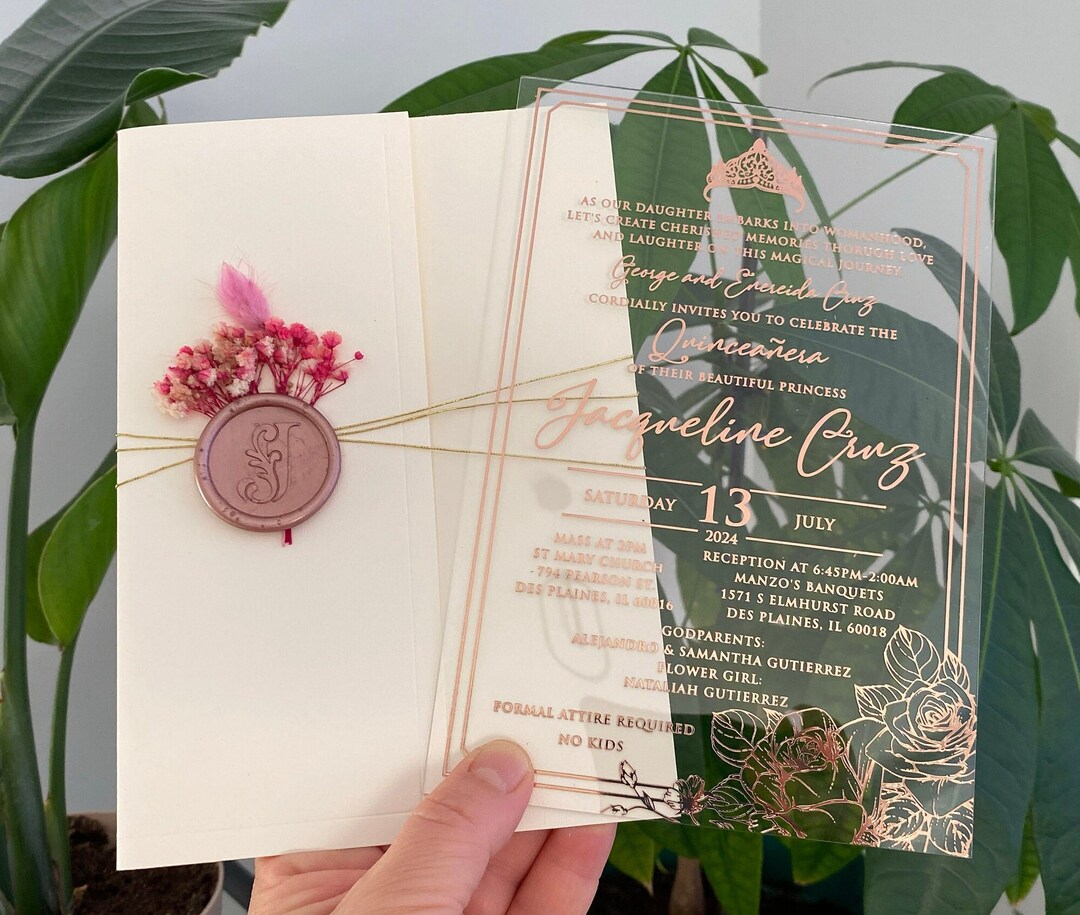 Quince Invitation, Acrylic Quinceañera Invitation, Rose Gold Foil ...