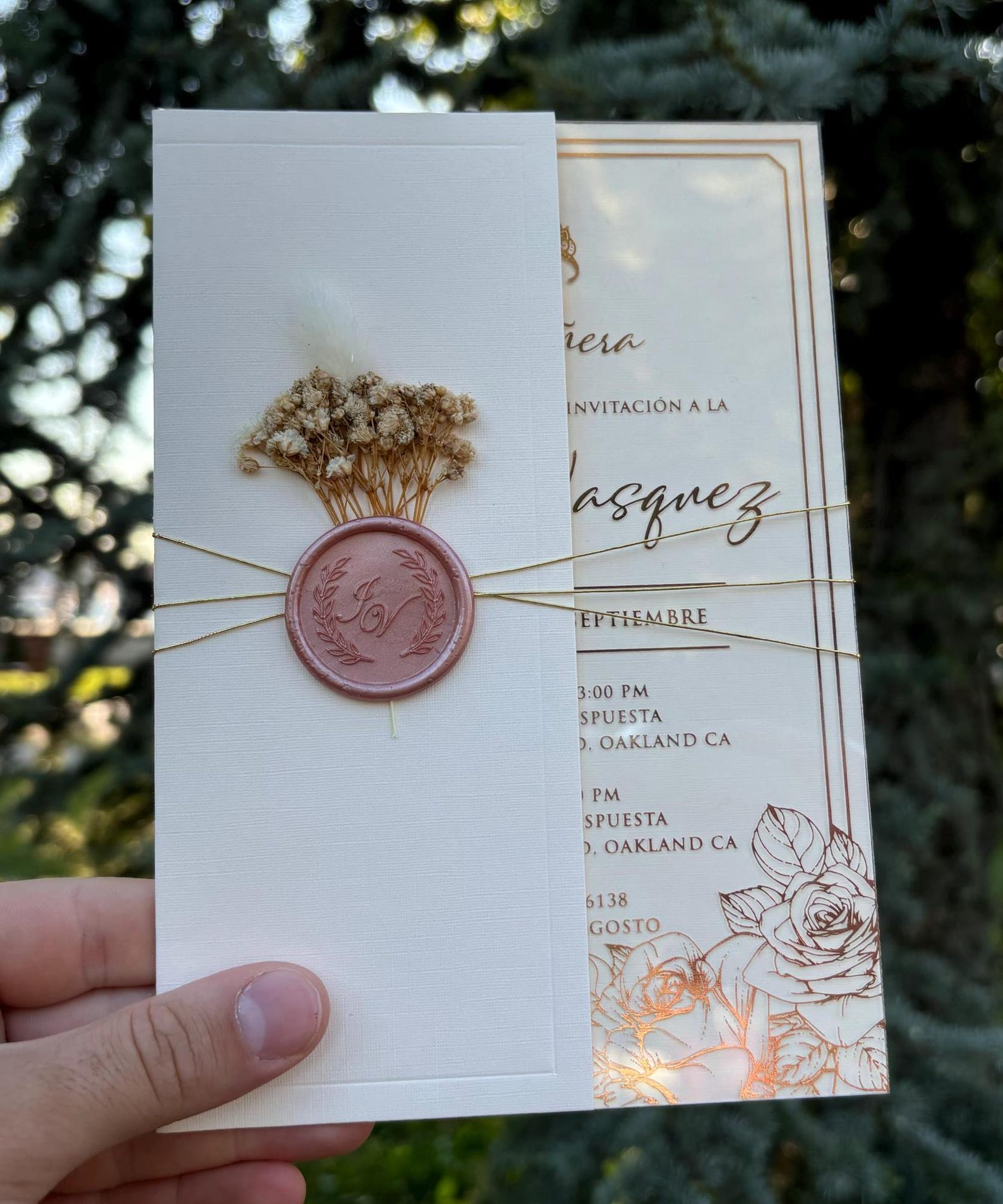 Rose Gold Foil Acrylic Quinceañera Invitation: Ivory Half Envelope ...