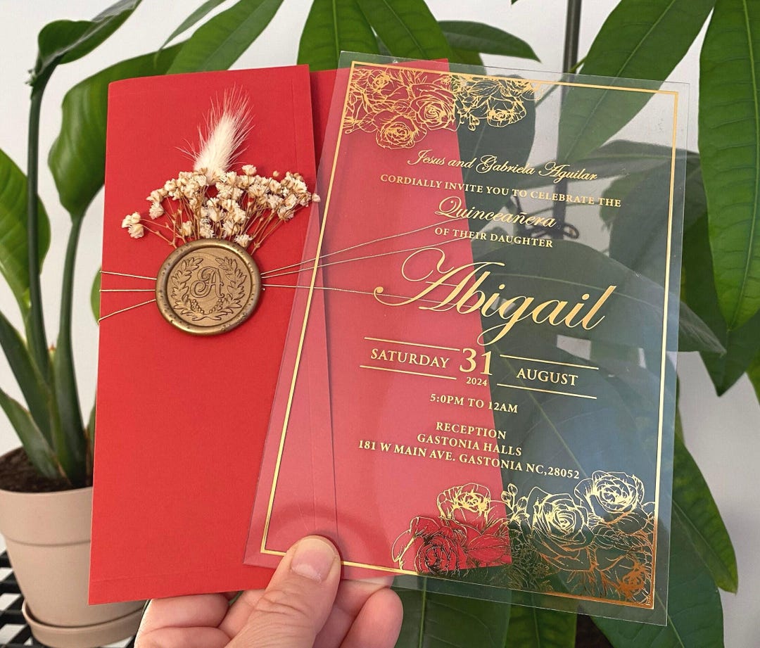 Acrylic Quinceañera Invitation: Gold Foil, Red Envelope, Floral Wax ...
