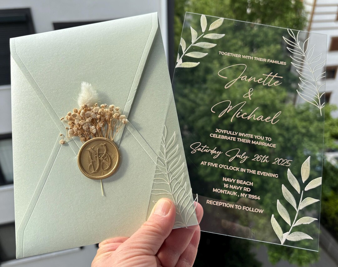 Clear Acrylic Wedding Invitation, Sage Green Envelope - Etsy