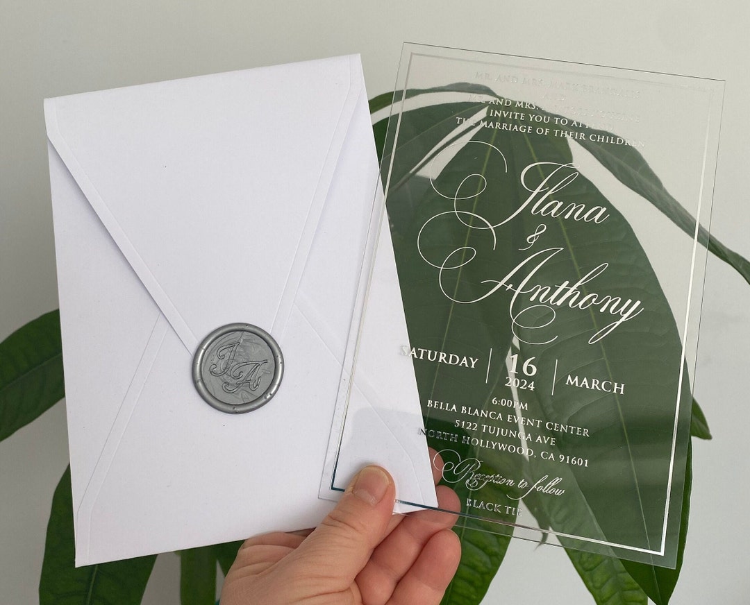 Clear Acrylic Wedding Invitation, Silver Foil Printing, White Envelope ...