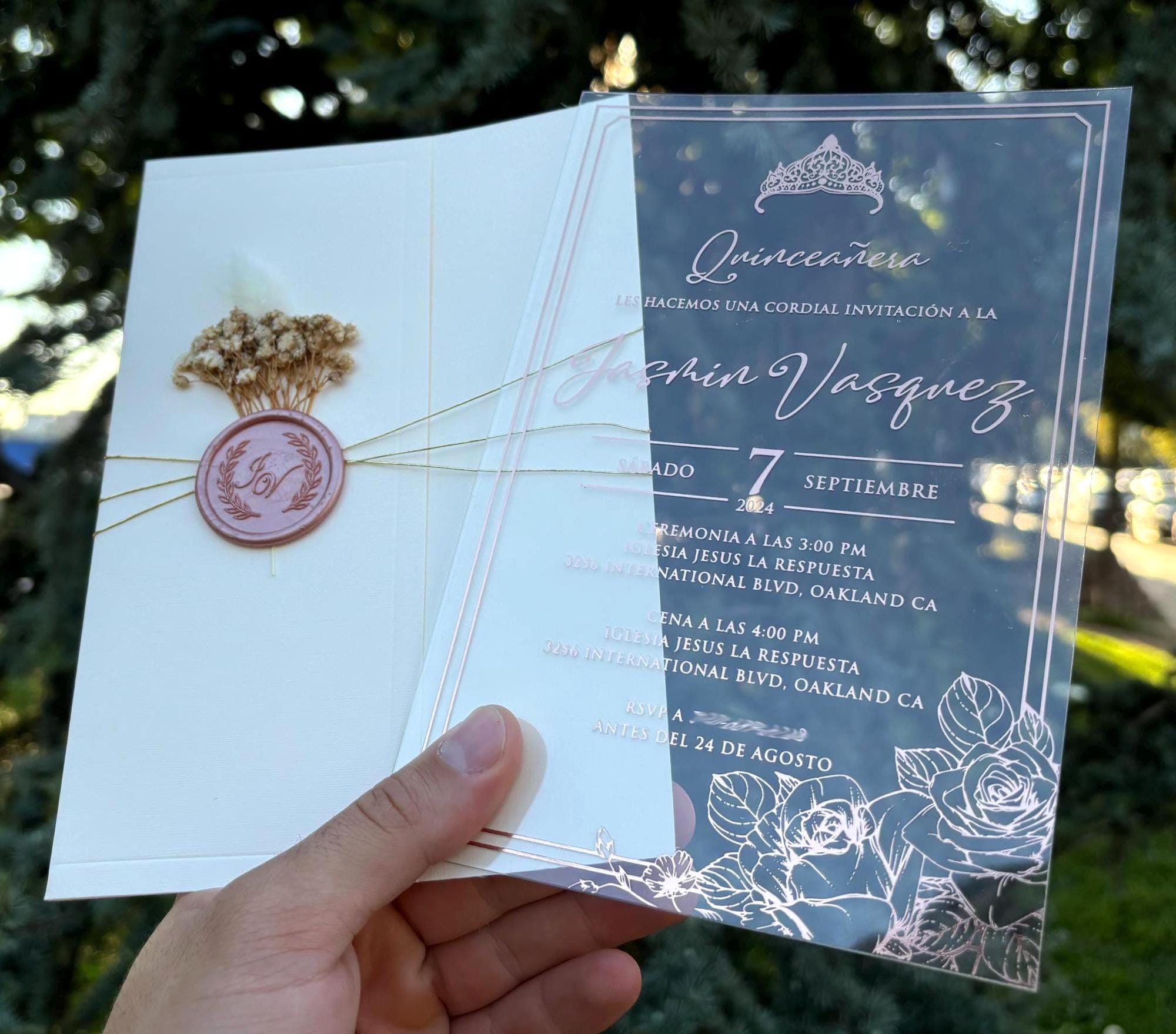 Rose Gold Foil Acrylic Quinceañera Invitation: Ivory Half Envelope ...