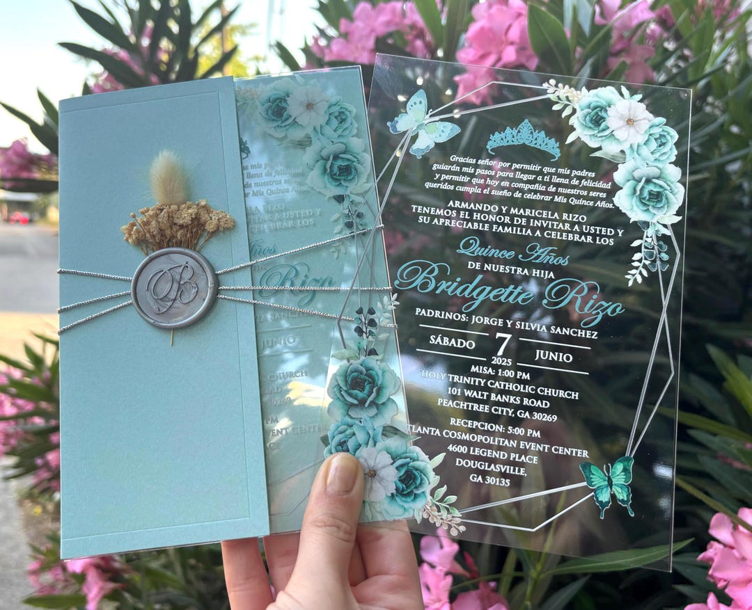 Turquoise Floral Quinceañera Acrylic Invitation: Wax Seal & Dried ...