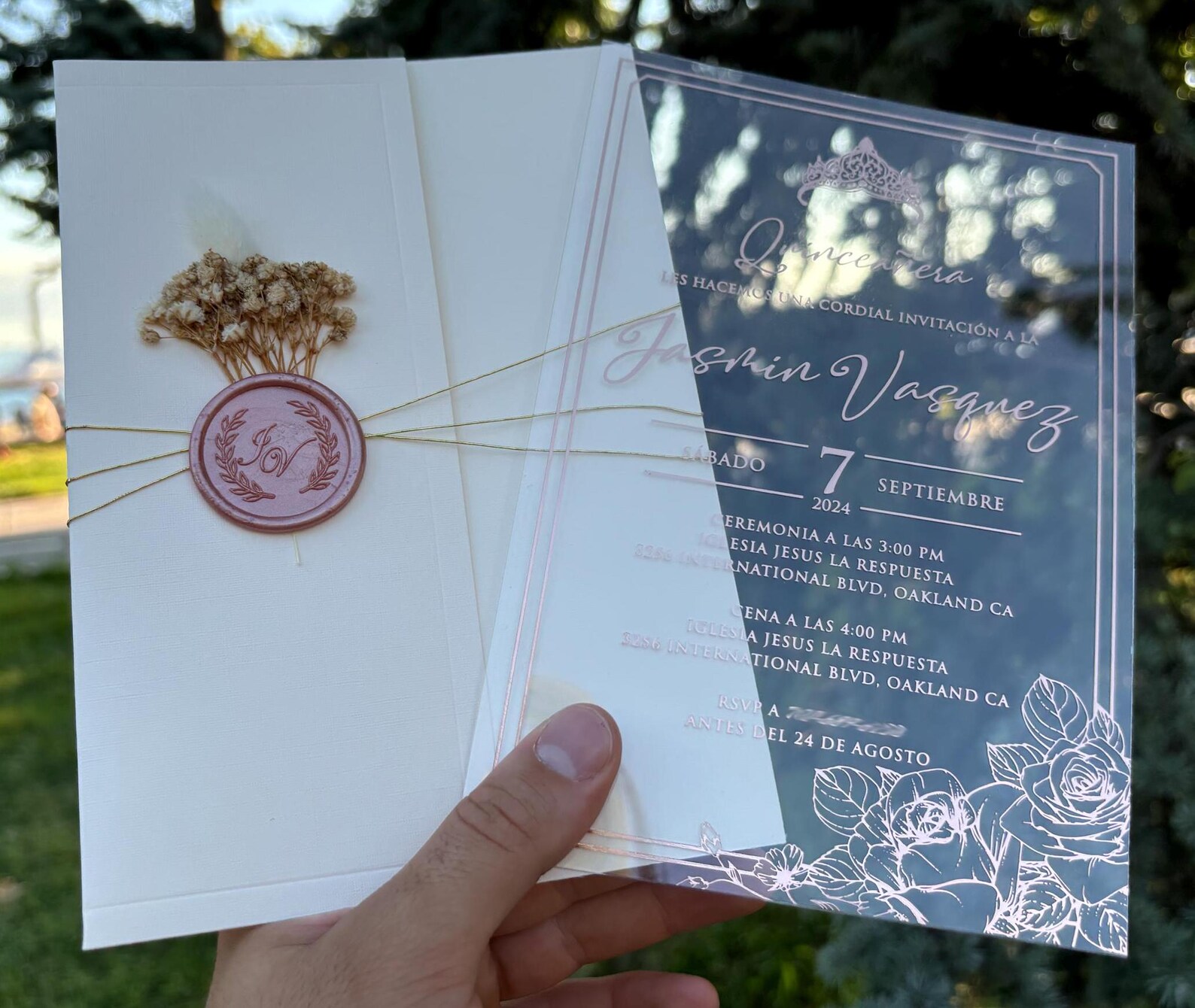 Rose Gold Foil Acrylic Quinceañera Invitation: Ivory Half Envelope ...