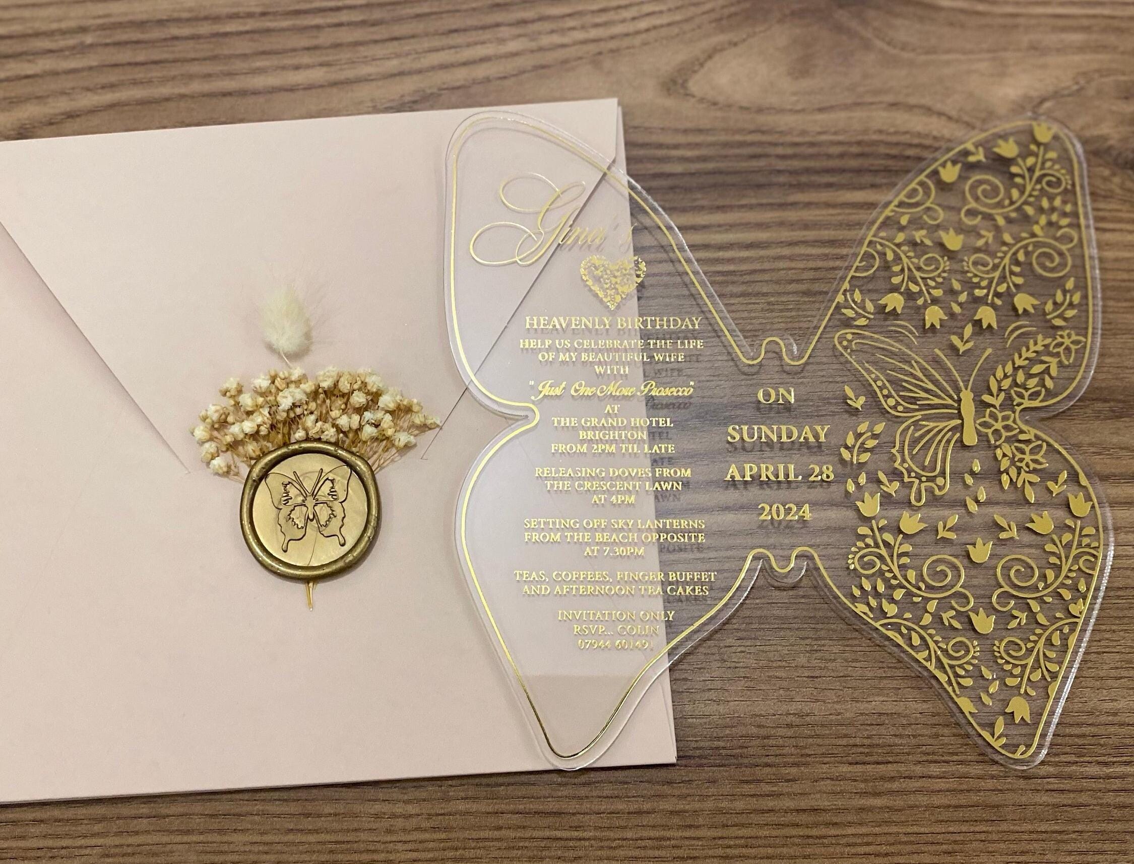 Gold Foil Butterfly Plexiglass Invitation, Powder Envelope, Wax Seal - Etsy