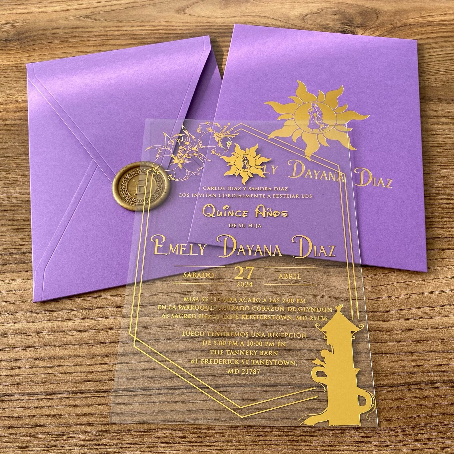 Tangled Acrylic Quinceañera Invitation: Gold Foil, Lilac Envelope ...