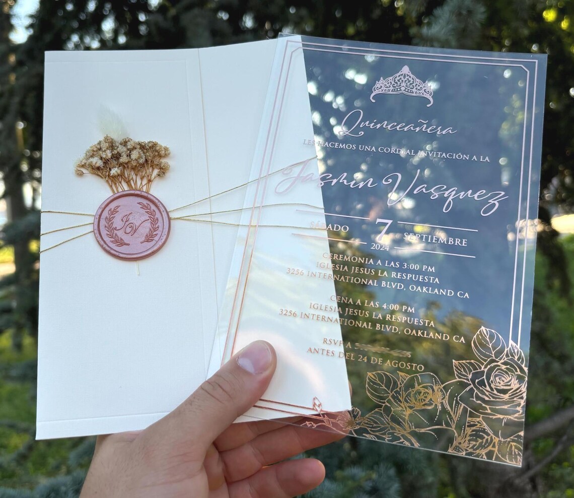 Rose Gold Foil Acrylic Quinceañera Invitation: Ivory Half Envelope ...