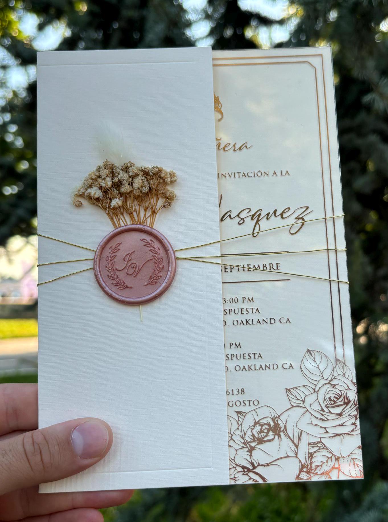 Rose Gold Foil Acrylic Quinceañera Invitation: Ivory Half Envelope ...