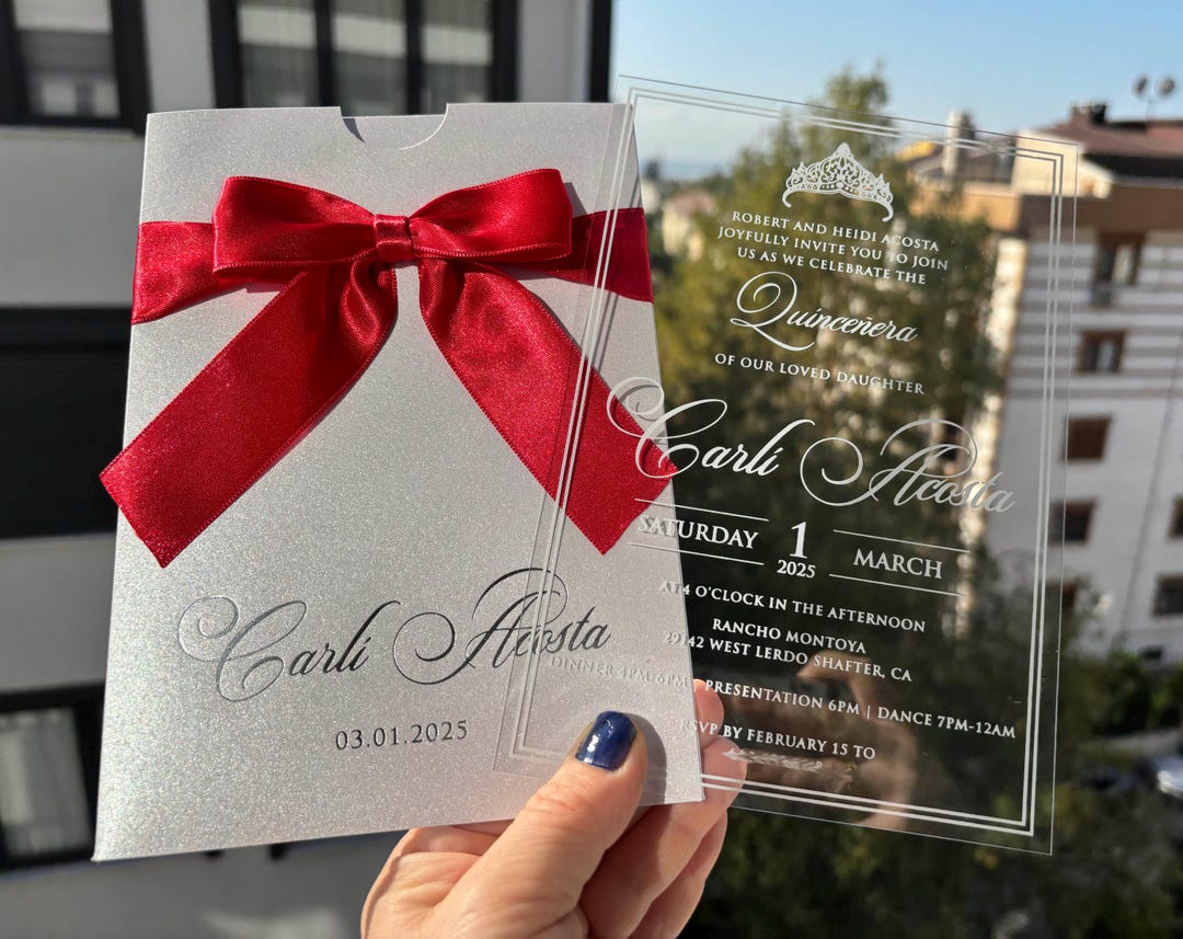Clear Acrylic Quinceañera Invitation: White Pearl Envelope, Red Ribbon ...