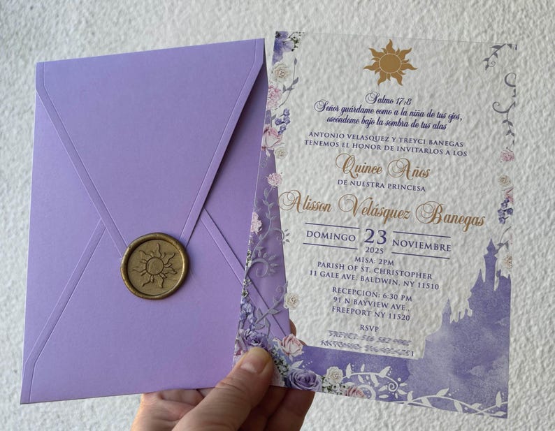 Rapunzel Acrylic Quinceañera Invitation With Lilac Envelope & Wax Seal ...
