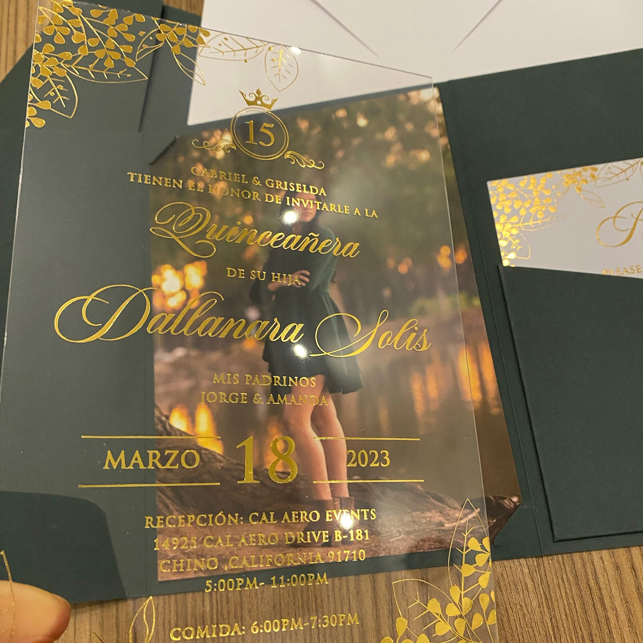 Acrylic Quinceañera Invitation With Photo: Hunter Green Pocket Envelope ...