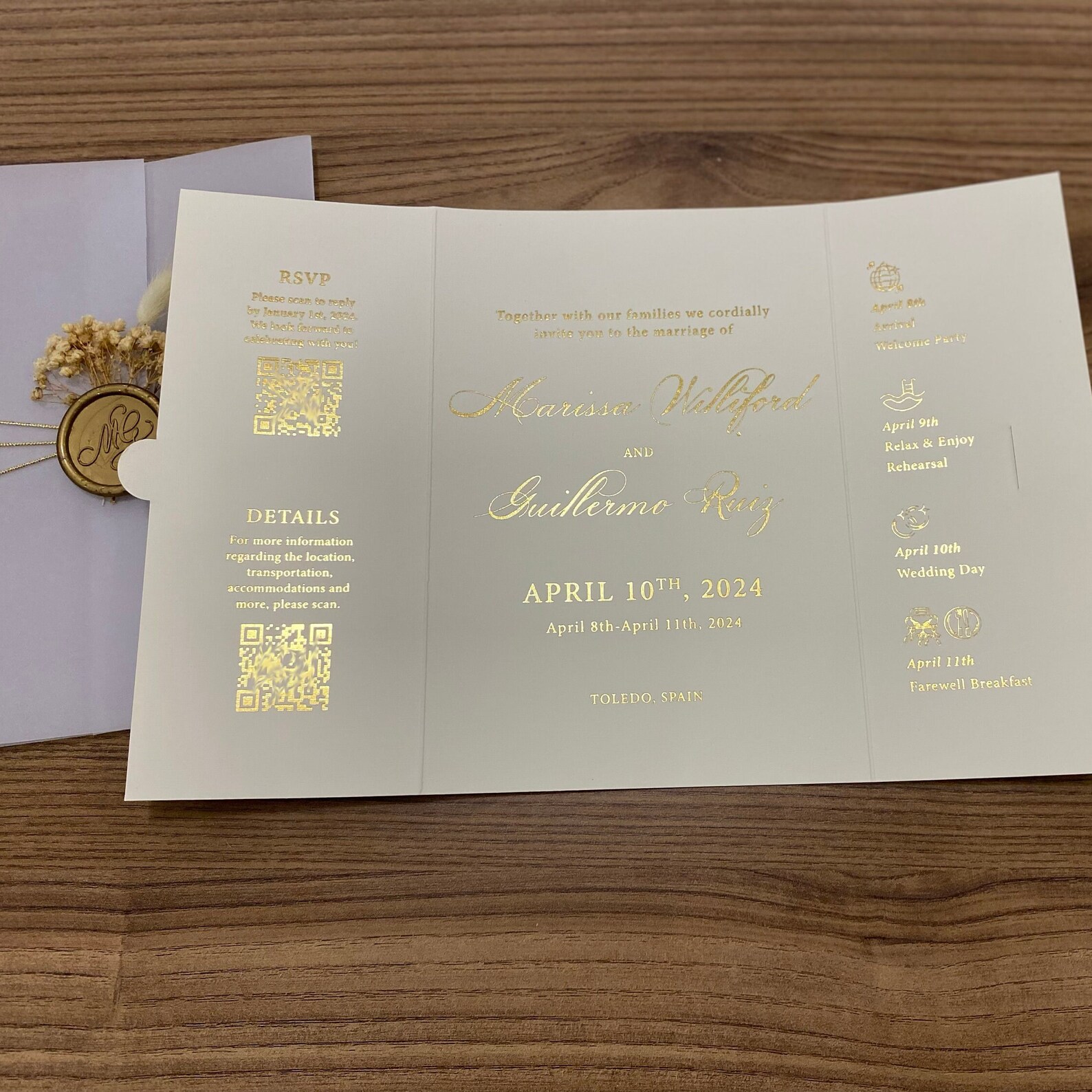 Ivory Folded Wedding Invitation With Gold Foil Print. Parchment Shirt ...