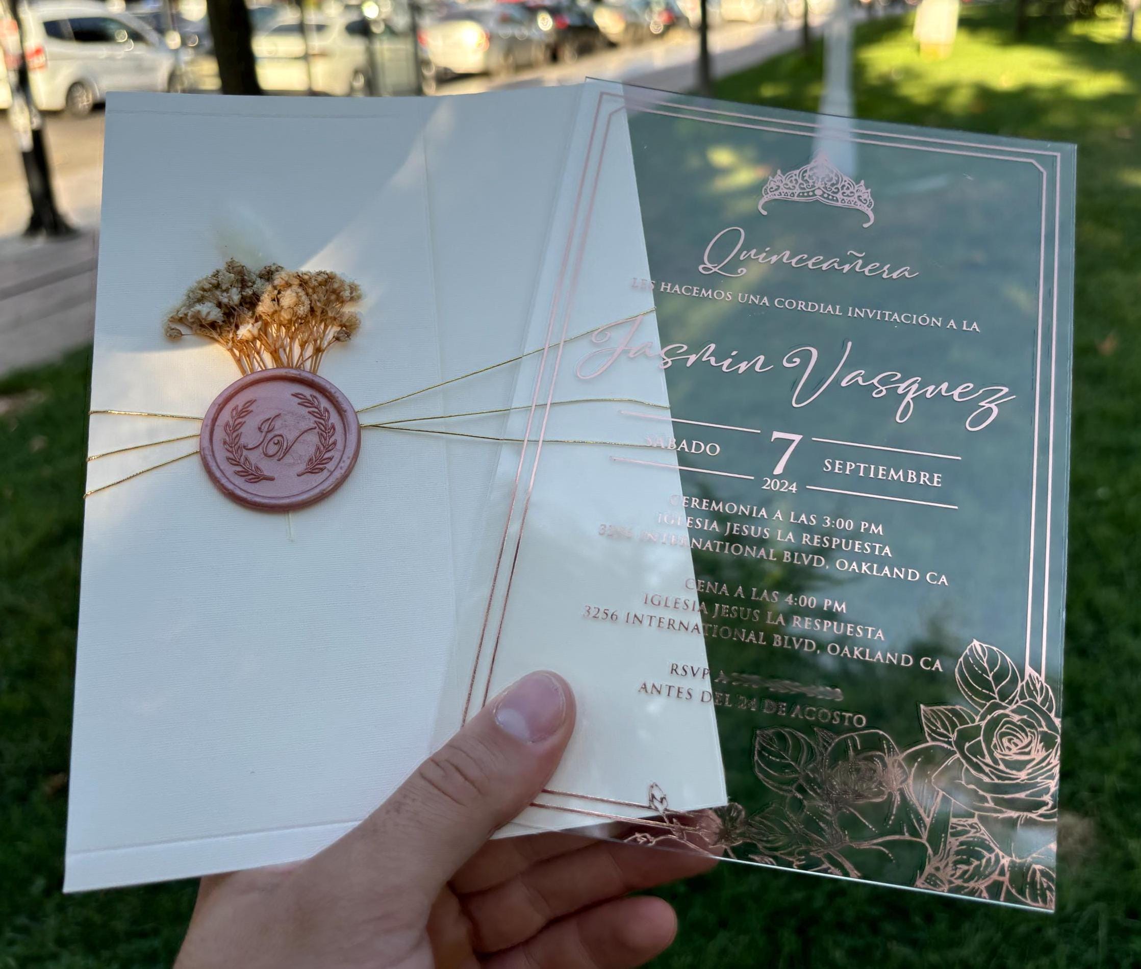 Rose Gold Foil Acrylic Quinceañera Invitation: Ivory Half Envelope ...