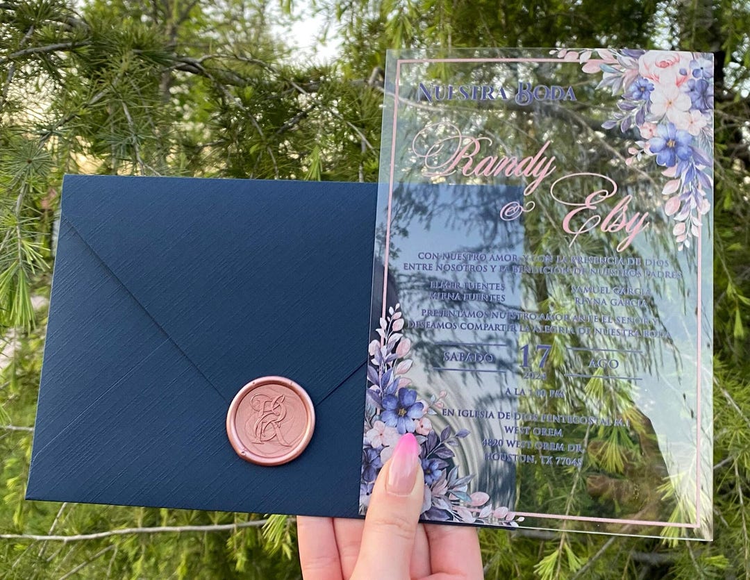 Blue Floral Acrylic Wedding Invitation With Navy Envelope & Rose Wax ...