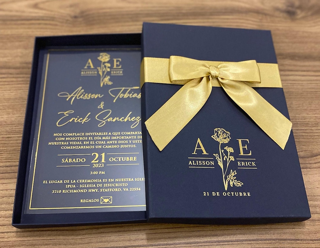 Boxed Invitation, Navy Blue Boxed Wedding Invitation, Box With Ribbon ...