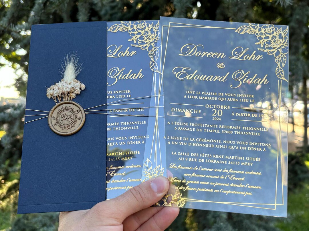 Gold Foil Acrylic Wedding Invitation: Navy Blue Half Envelope, Wax Seal ...