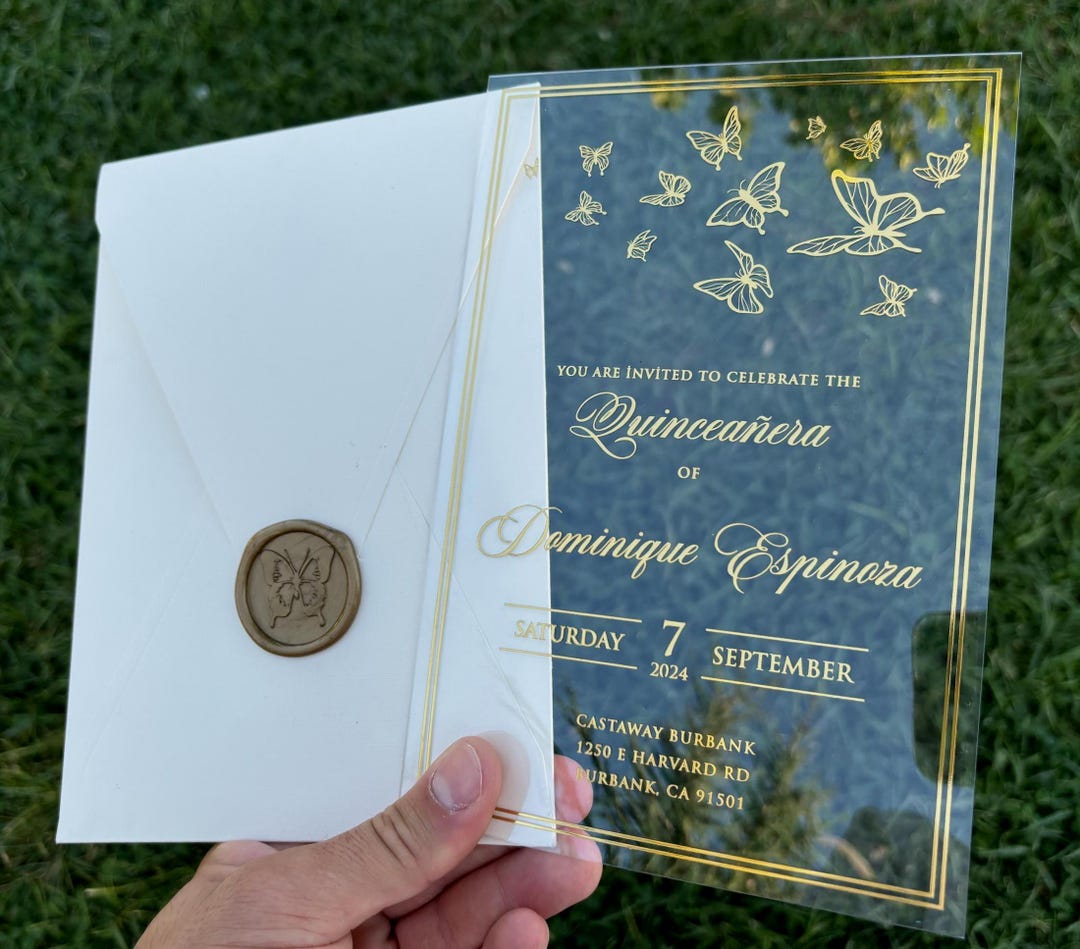 Butterfly Acrylic Quinceañera Invitation: Gold Foil, Ivory Envelope - Etsy
