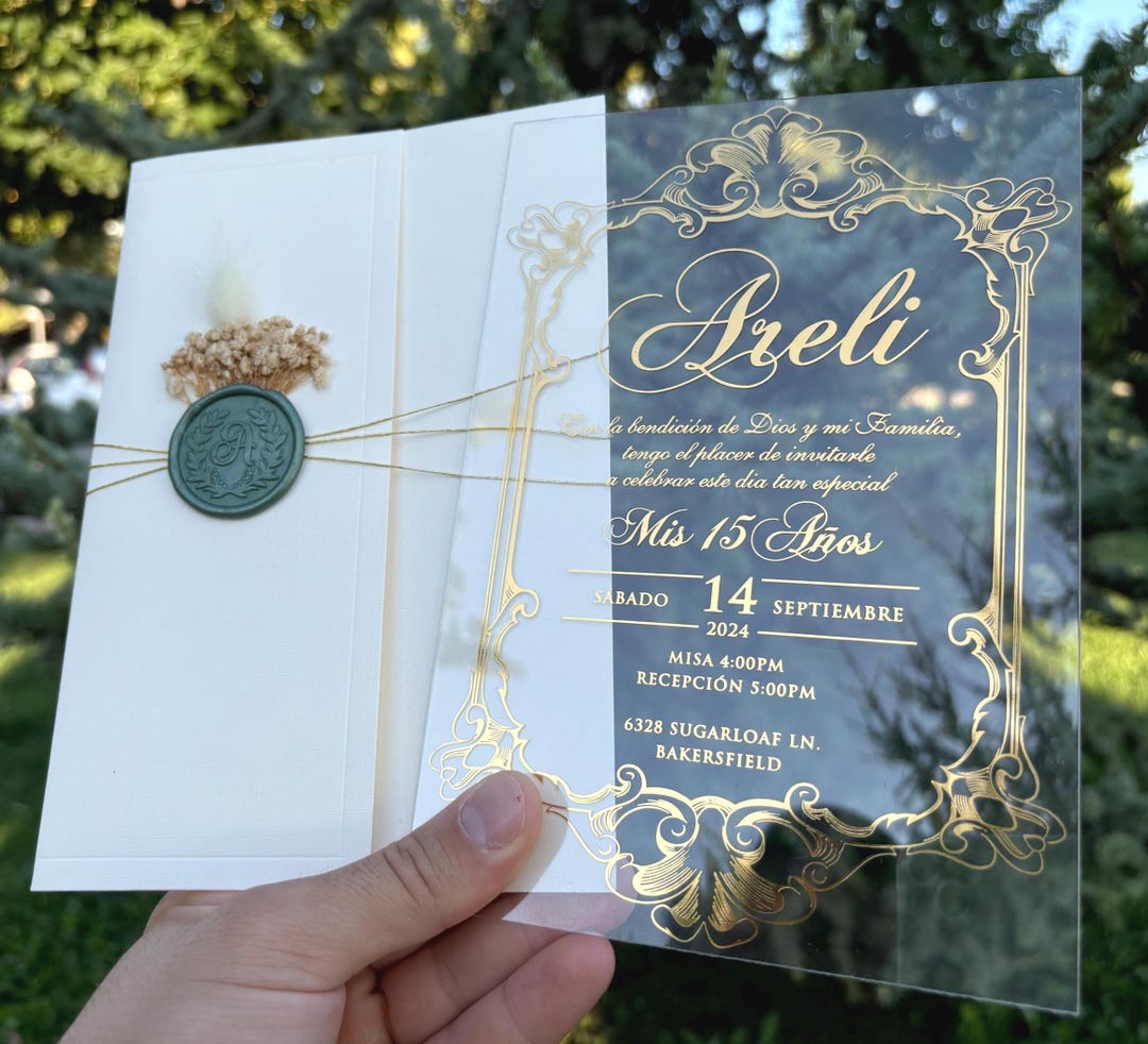 Acrylic Quinceañera Invitation: Gold Foil, Wax Seal & Dried Flowers - Etsy